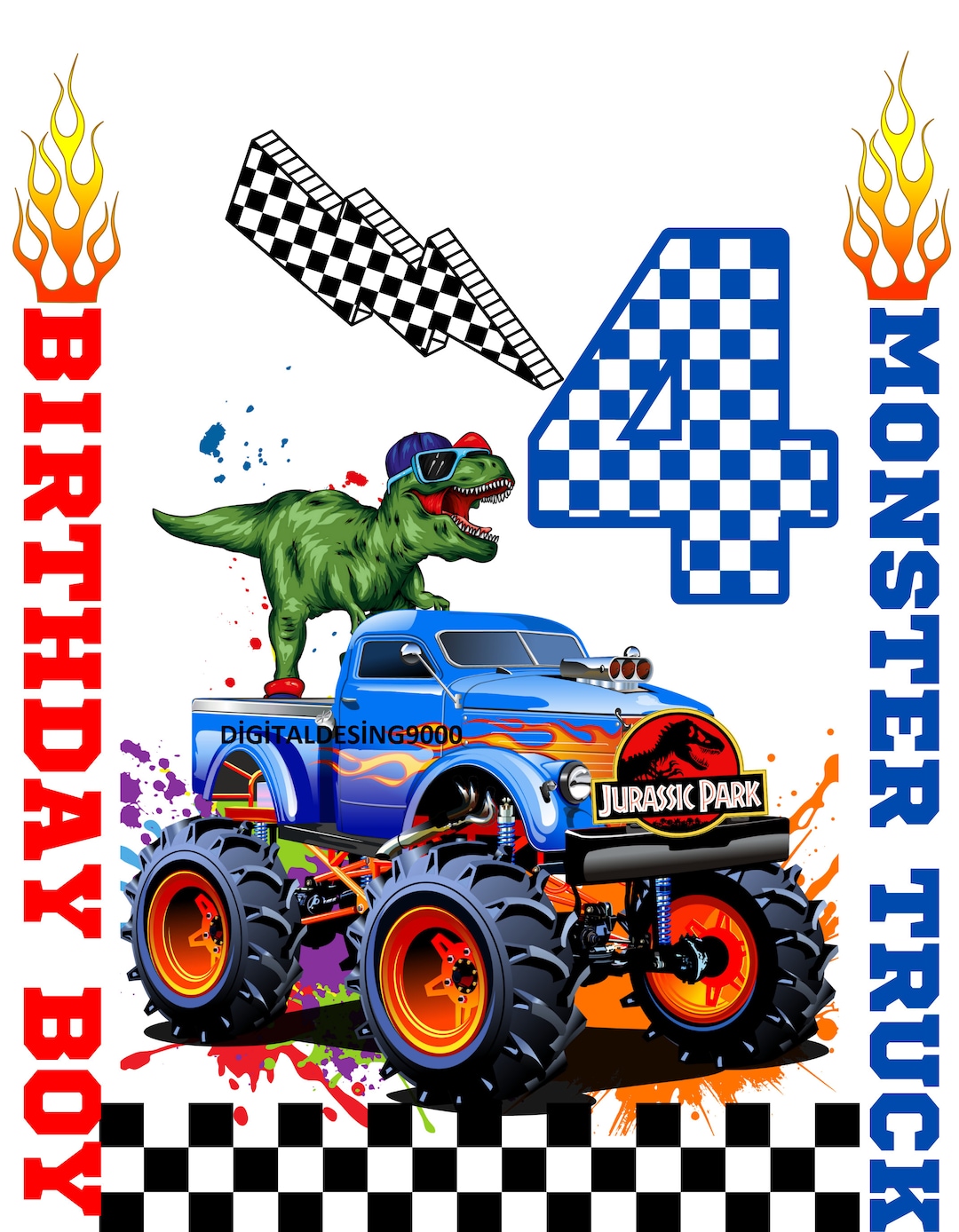 T Rex Birthday Png,monster Truck Png,flaming Truck,colorful Watercolor ...