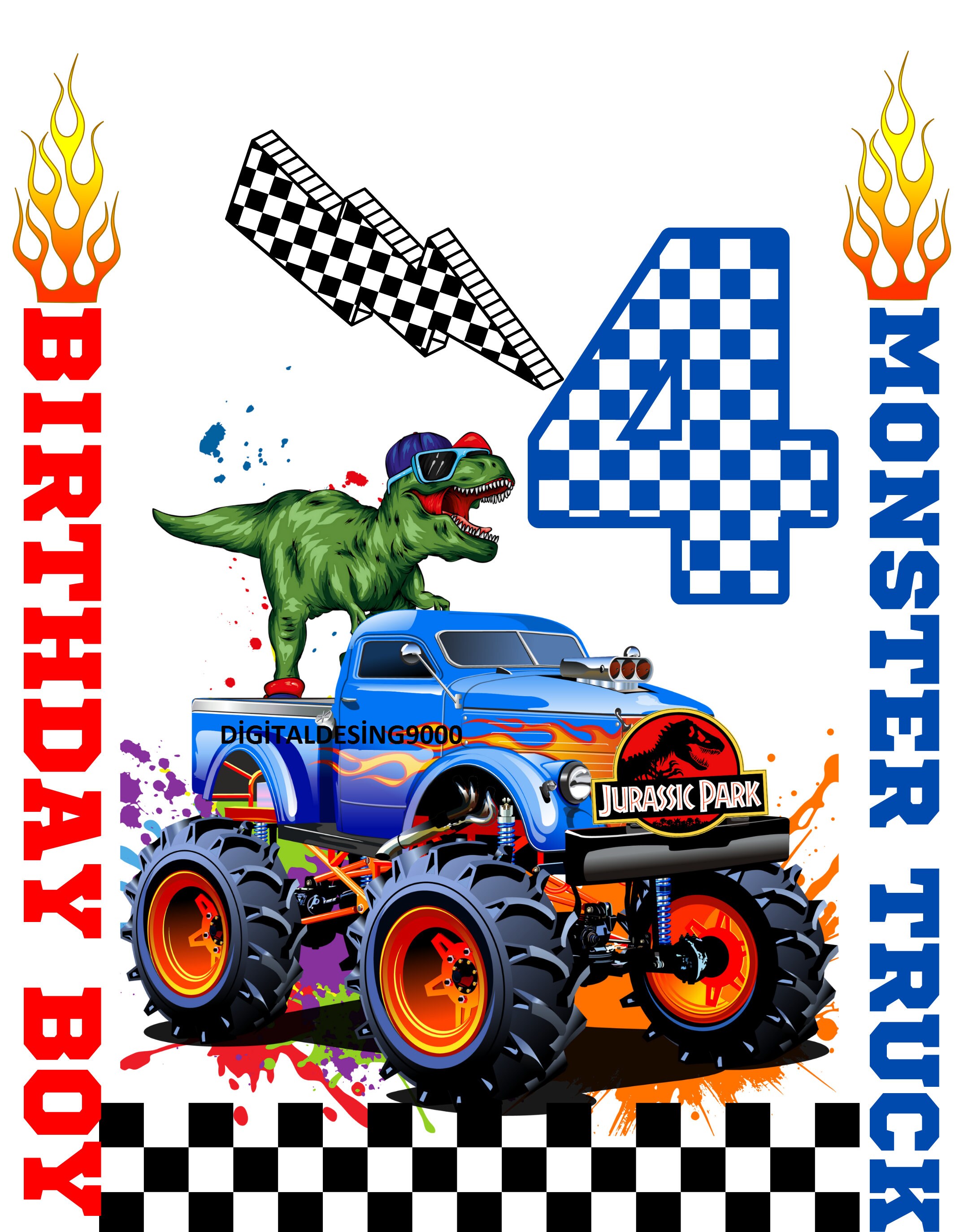 T Rex Birthday Png,monster Truck Png,flaming Truck,colorful Watercolor ...