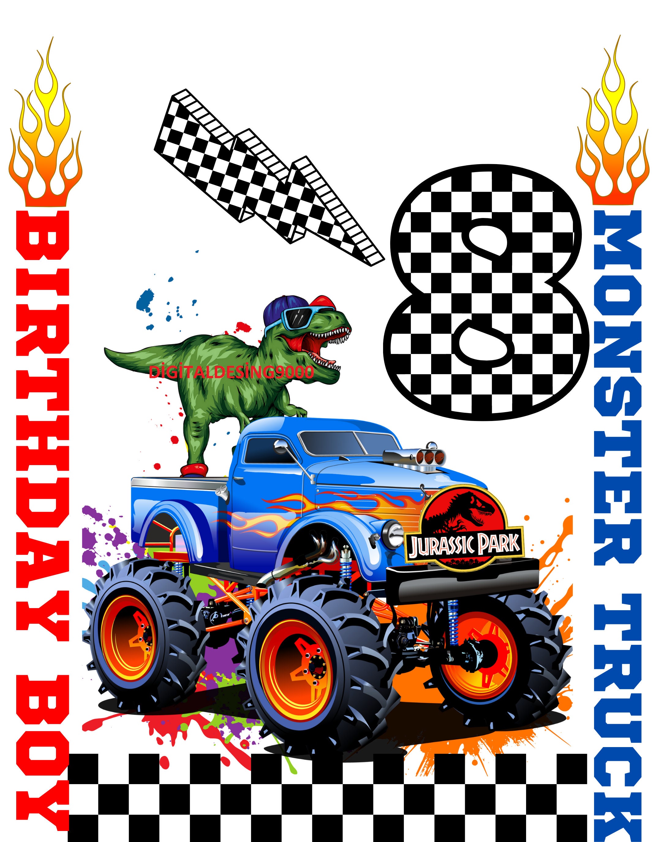T Rex Birthday Png,monster Truck Png,flaming Truck,colorful Watercolor ...