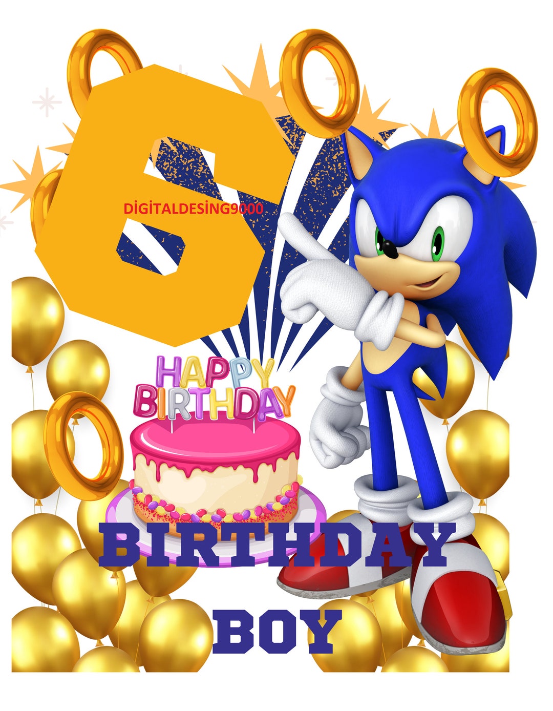 Sonic Six Years Old Birthday Boy,birthday Cake,six Year Birthday Gift ...