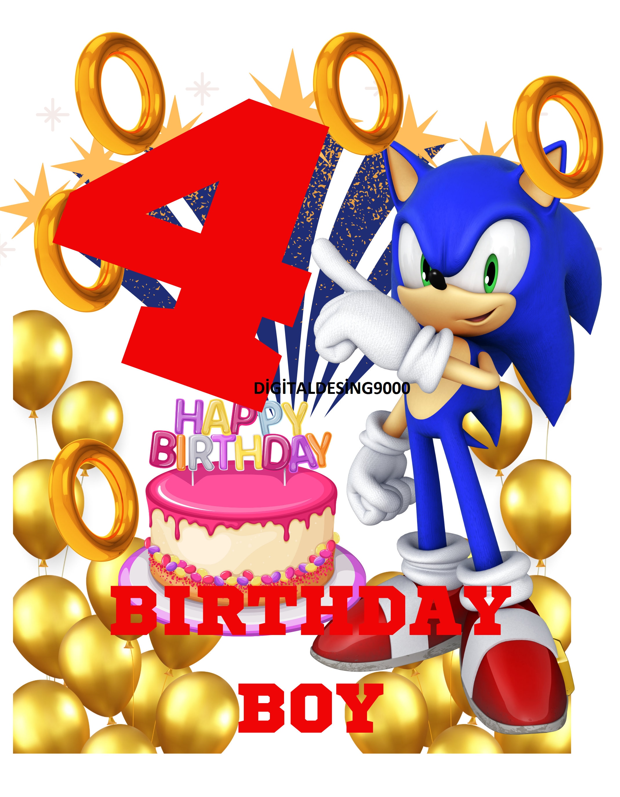 Sonic Four Years Old Birthday Boy,birthday Cake,four Year Birthday Gift ...