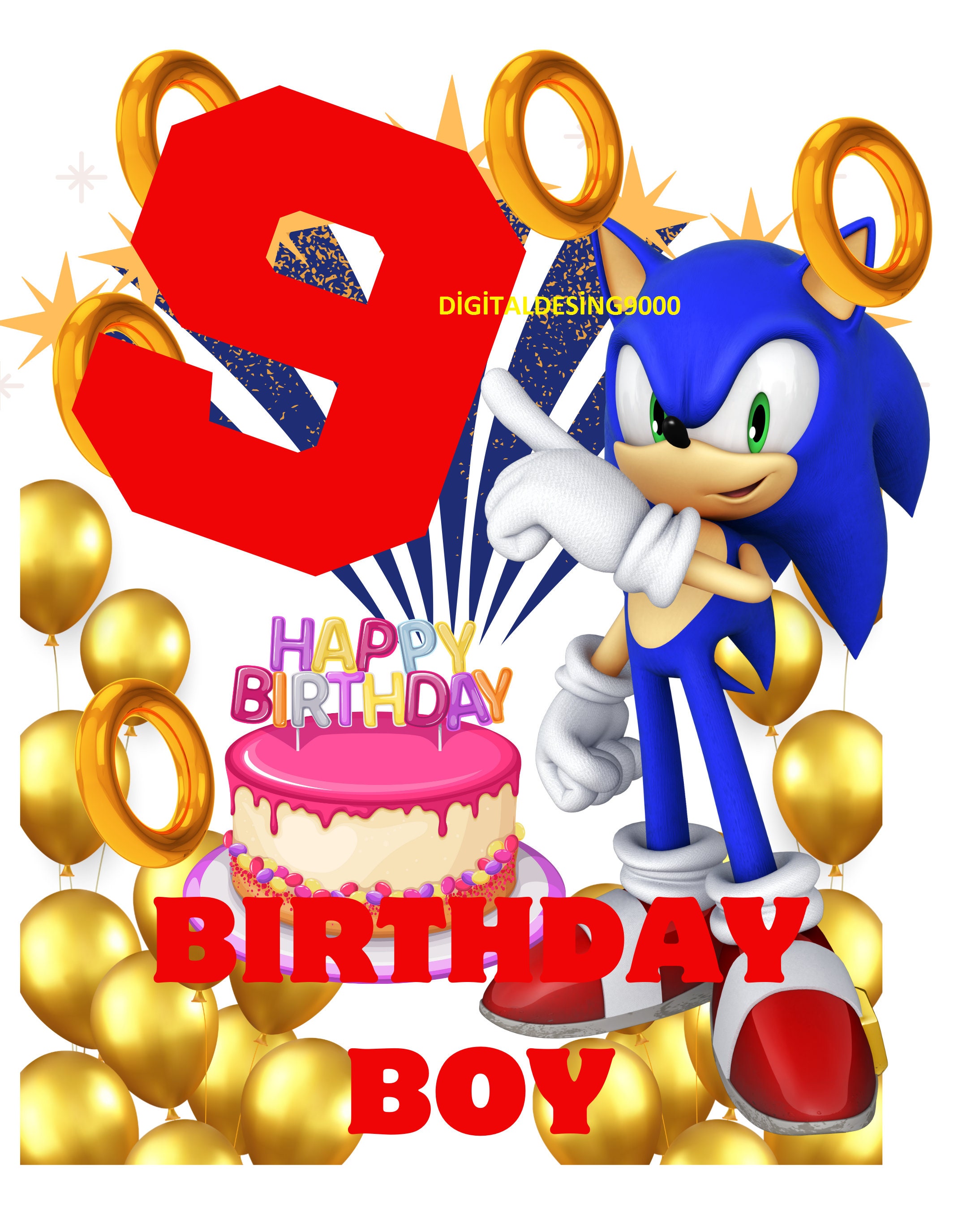 Sonic Eight Nine Old Birthday Boy,birthday Cake,9 Year Birthday Gift ...