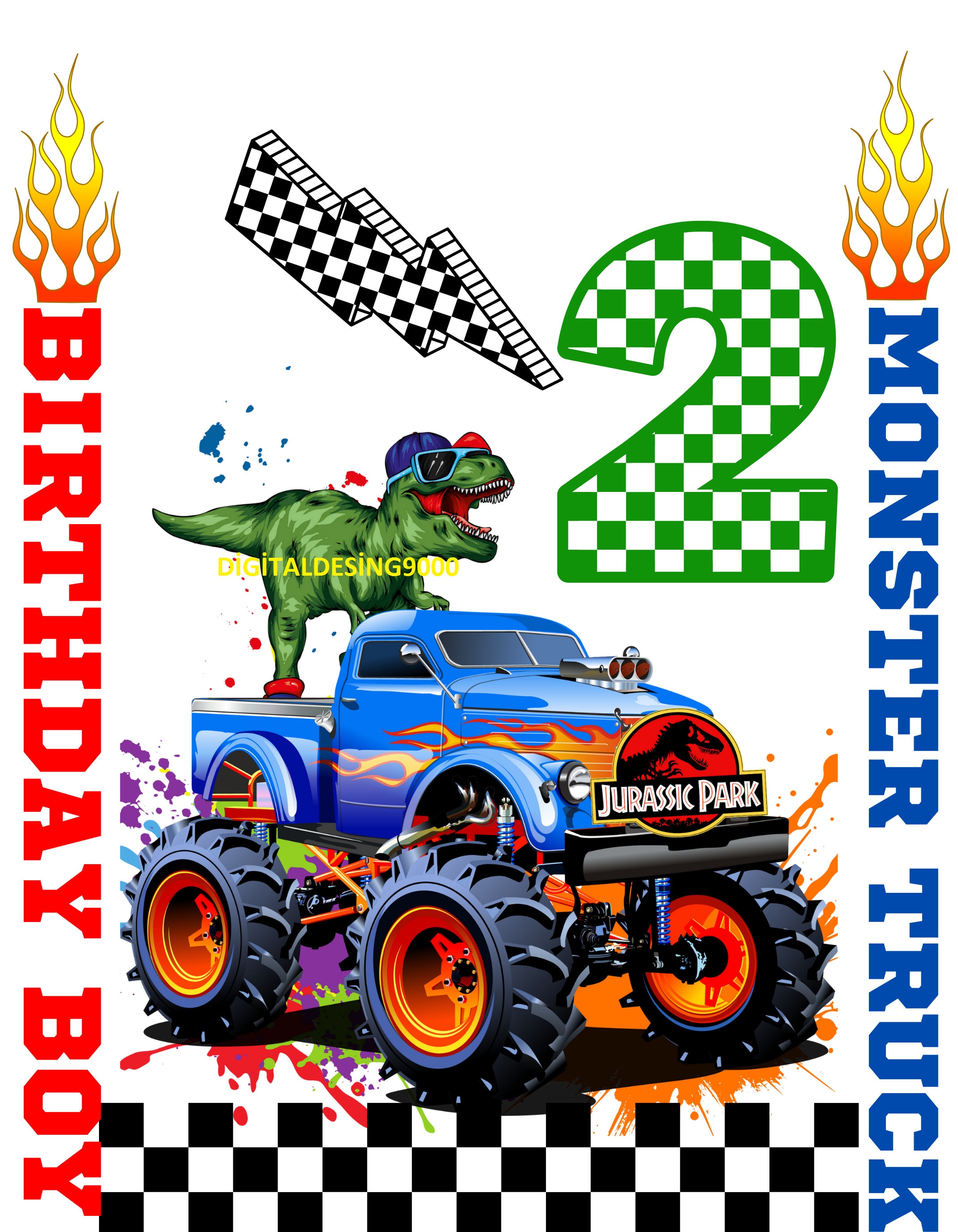T Rex Birthday Png,monster Truck Png,flaming Truck,colorful Watercolor ...