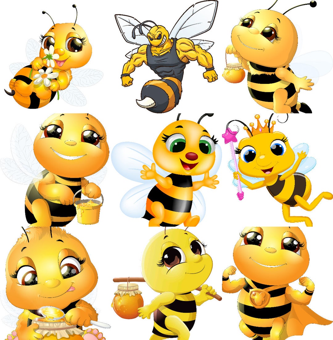 Cute Bees Bundle,9 Png File,honey Bee,honey Bearing Bee,queen Bee ...
