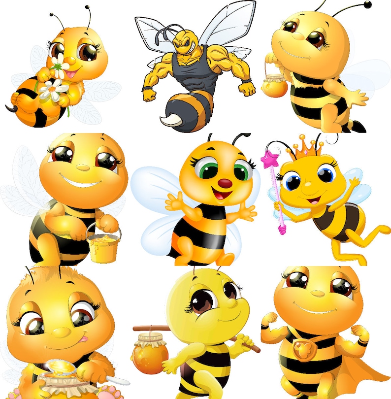 Cute Bees Bundle,9 Png File,honey Bee,honey Bearing Bee,queen Bee ...