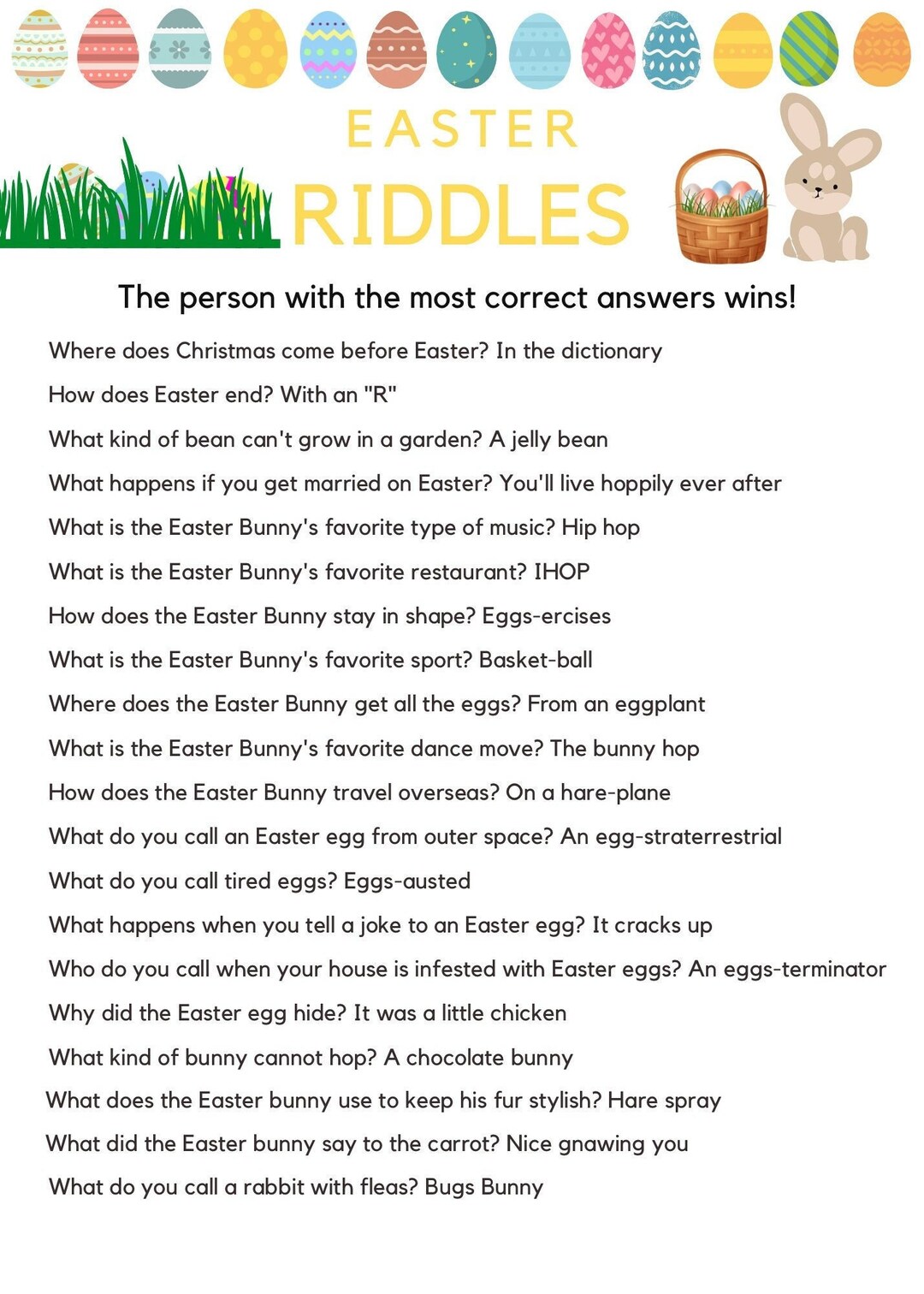 Easter Riddle Game for Kids Printable Party Game Easter Bunny Riddle ...