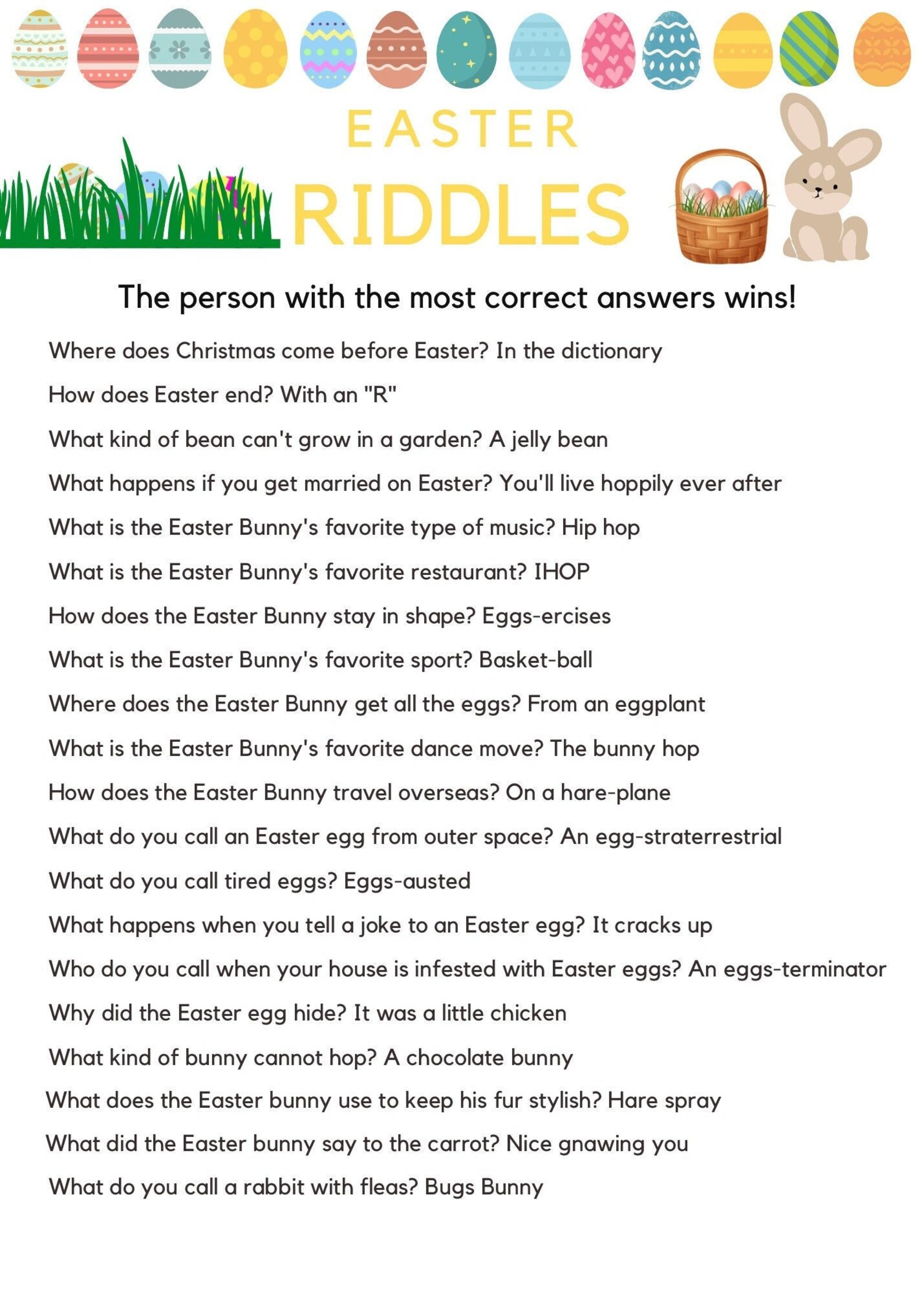 Easter Riddle Game for Kids Printable Party Game Easter Bunny Riddle ...