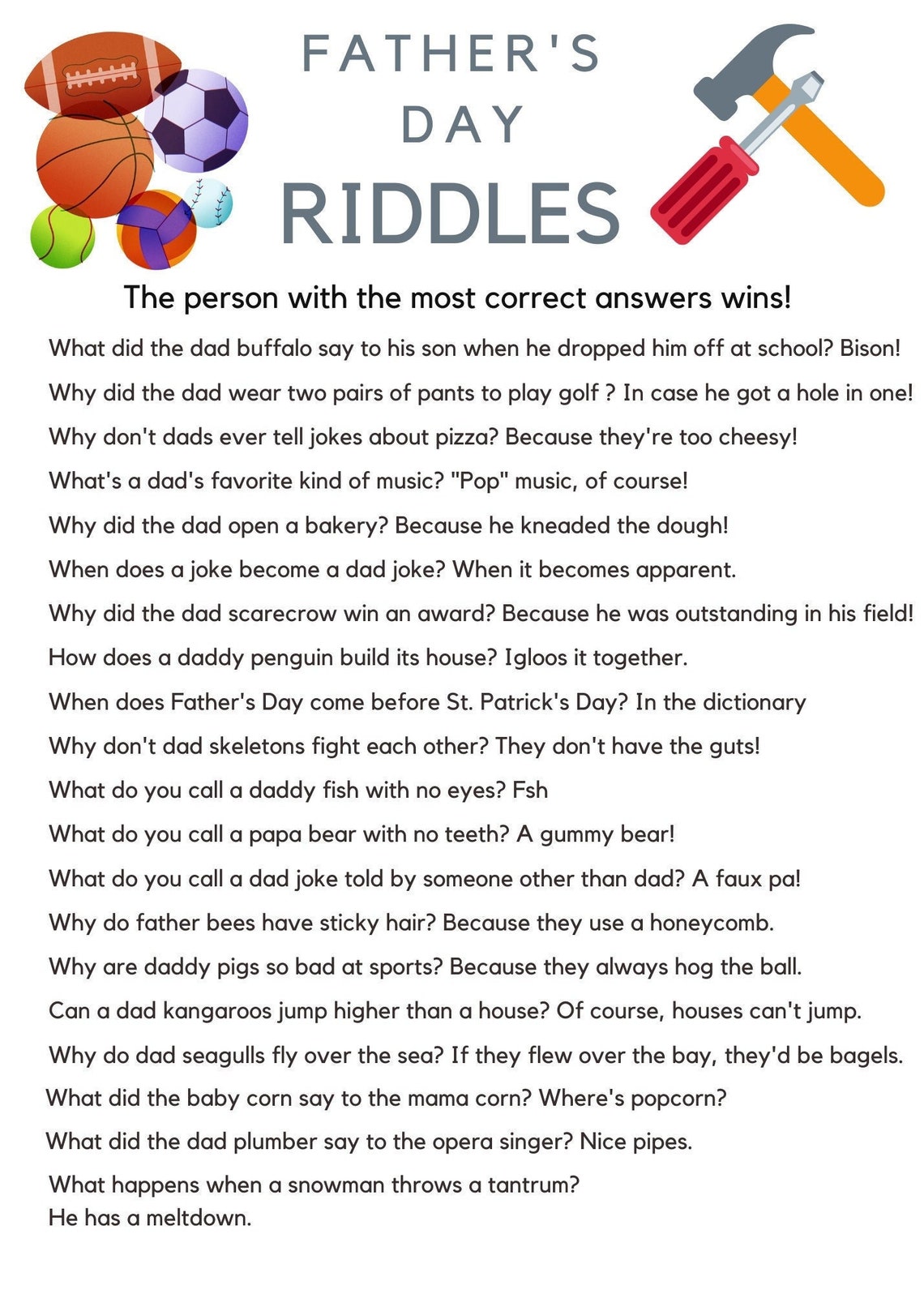 Father's Day Riddle Game for Kids Printable Party Game Dad Riddle ...