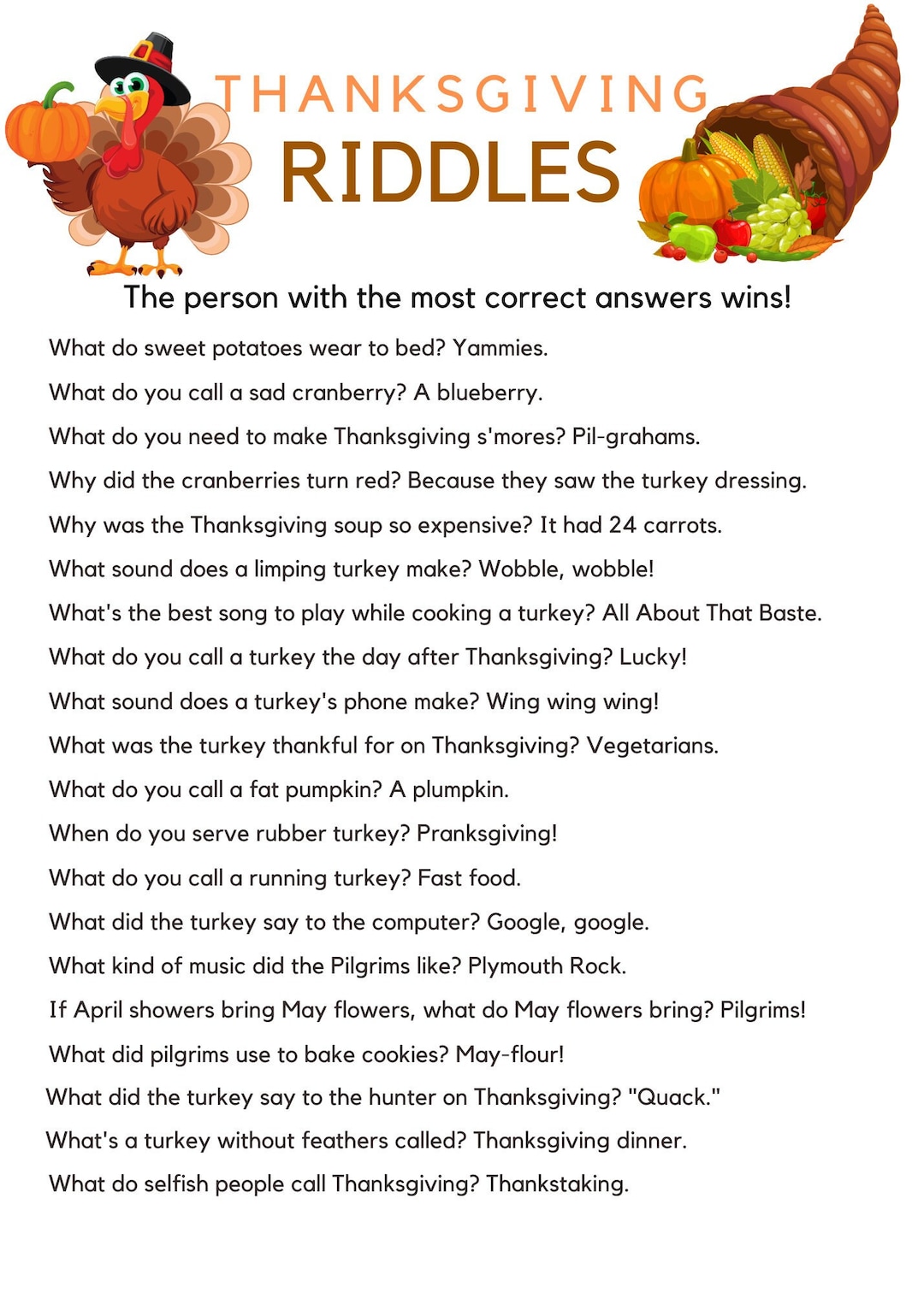 Thanksgiving Riddle Game for Kids, Printable Party Activity (digital ...