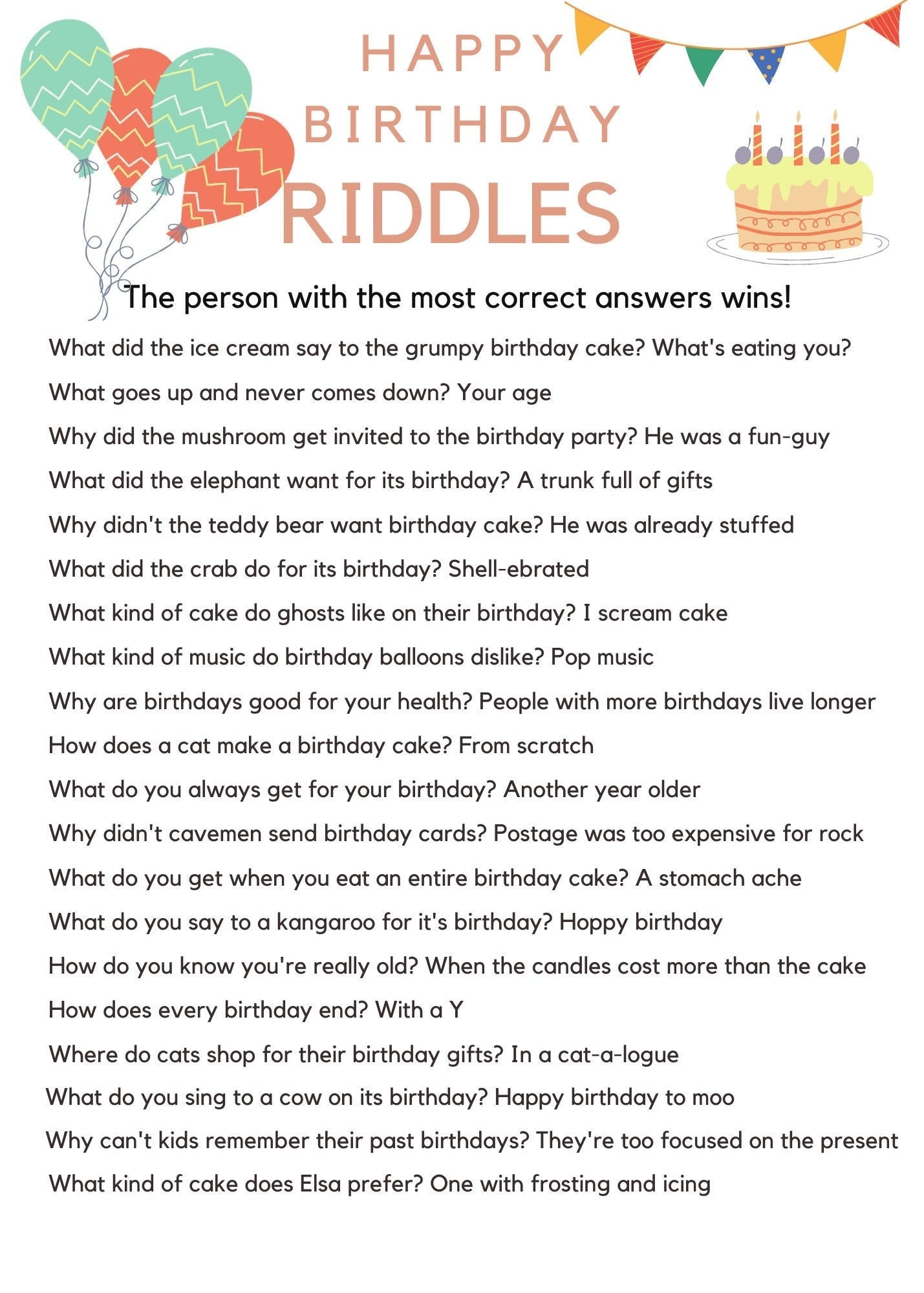 Birthday Riddle Game for Kids Printable Party Game Birthday Party ...