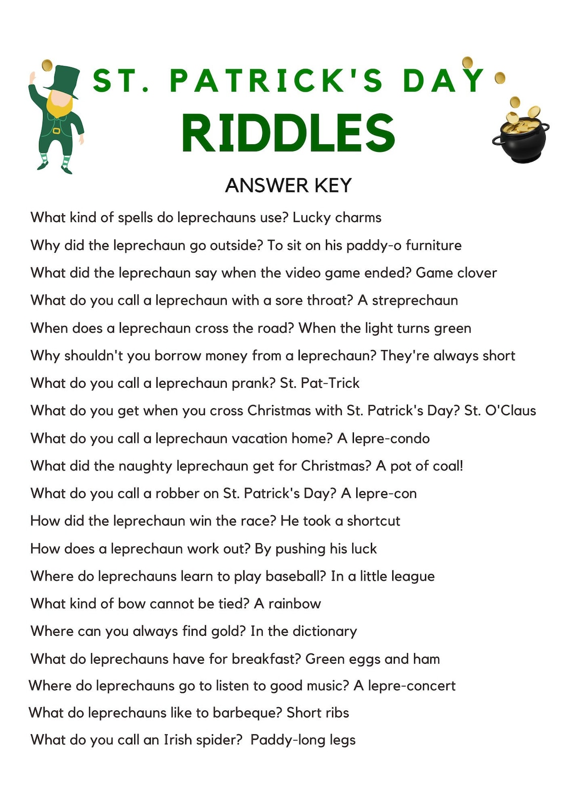 St. Patrick's Day Riddle Game for Kids, Printable Irish Quiz (digital ...