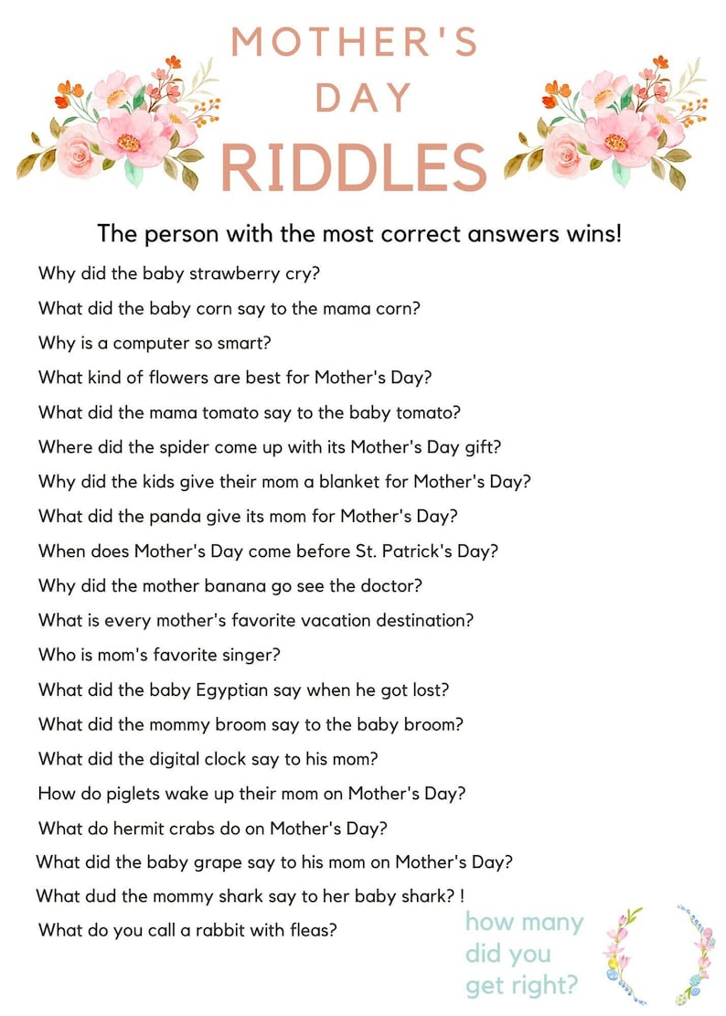 Mother's Day Riddle Game for Kids, Printable Quiz (digital Download) - Etsy