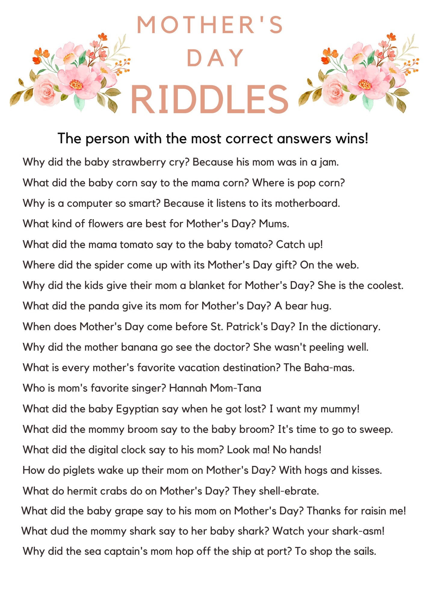 Mother's Day Riddle Game for Kids, Printable Quiz (digital Download) - Etsy