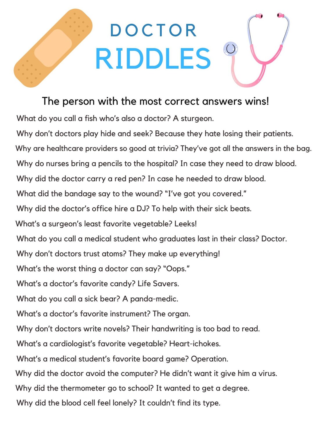 Doctor Medical Game Riddle Digital Download Quiz Nurse Surgeon Hospital ...
