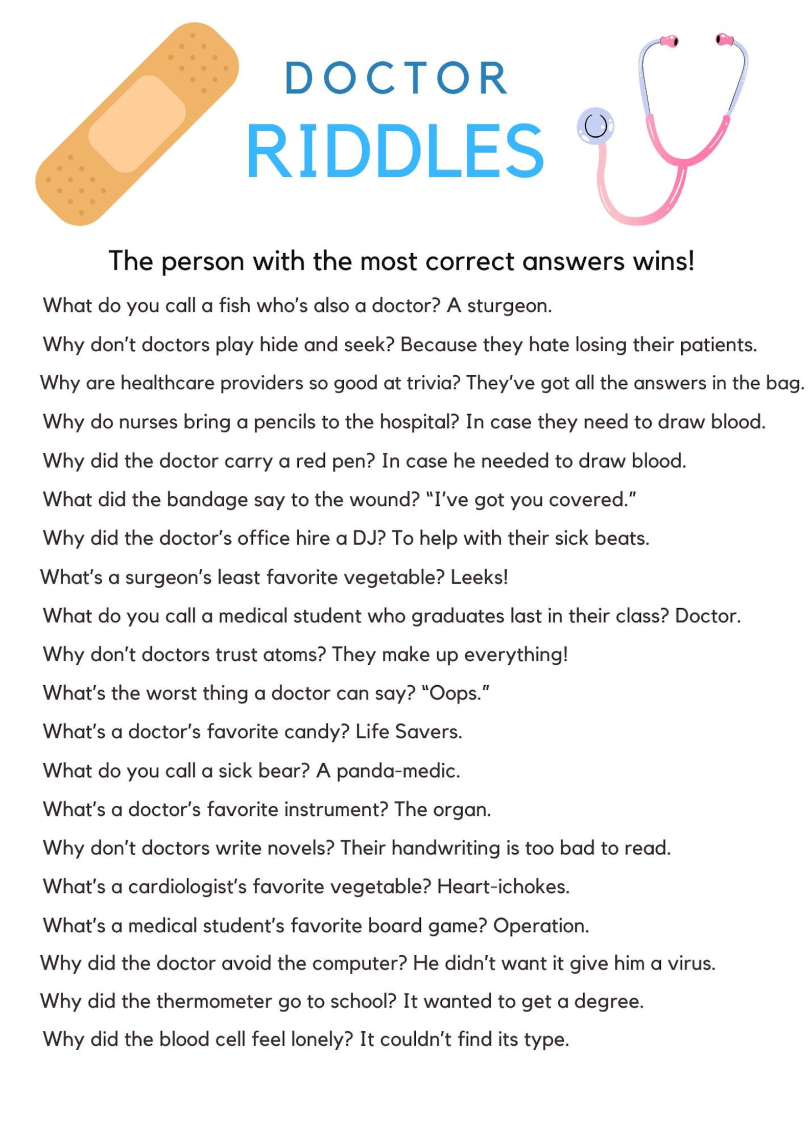 Doctor Medical Game Riddle Digital Download Quiz Nurse Surgeon Hospital ...