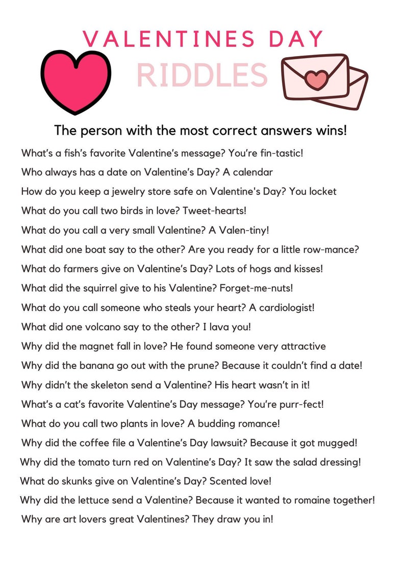 Valentine's Day Riddle Game for Kids, Printable Party Quiz (digital ...