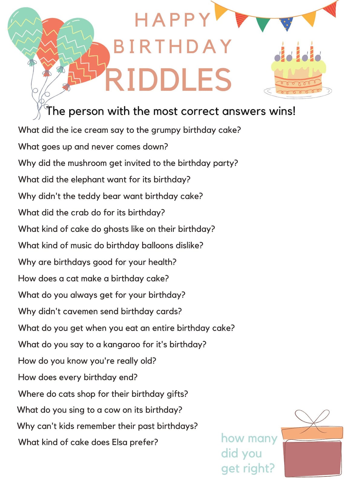 Birthday Riddle Game for Kids Printable Party Game Birthday Party ...