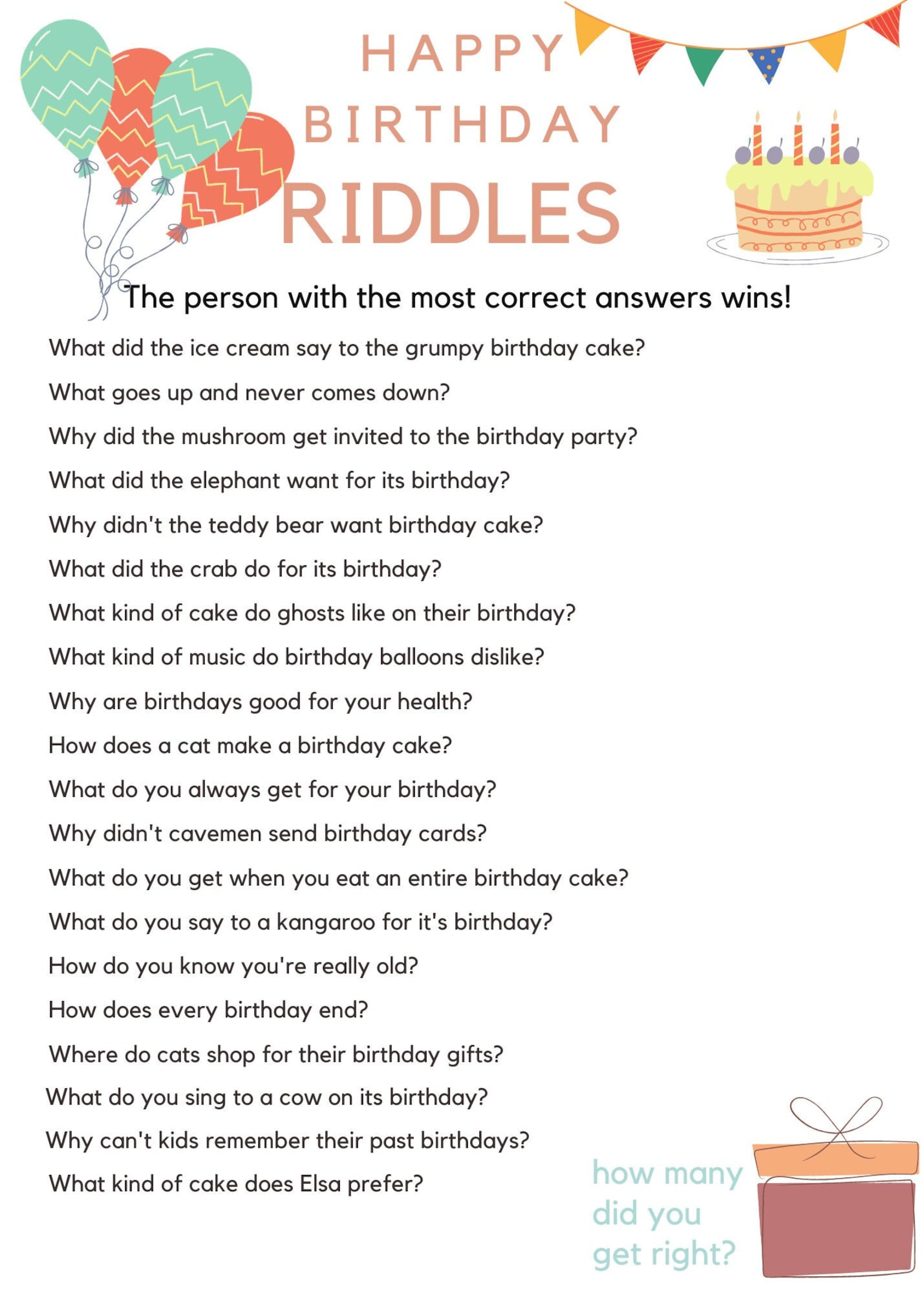 Birthday Riddle Game for Kids Printable Party Game Birthday Party ...