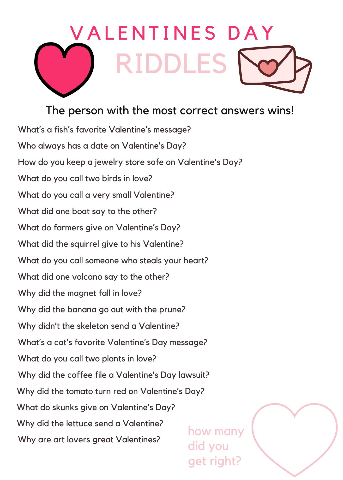 Valentine's Day Riddle Game for Kids, Printable Party Quiz (digital ...