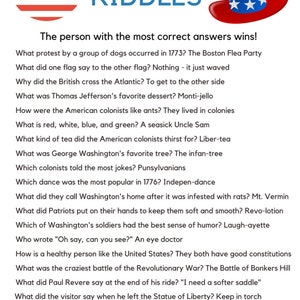 Patriotic Riddle Game for Kids, 4th of July Printable (digital Download ...