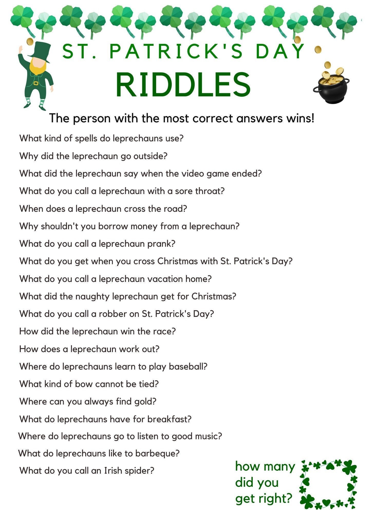 St Patrick's Day Riddle Game for Kids Printable Party Game Leprechaun ...