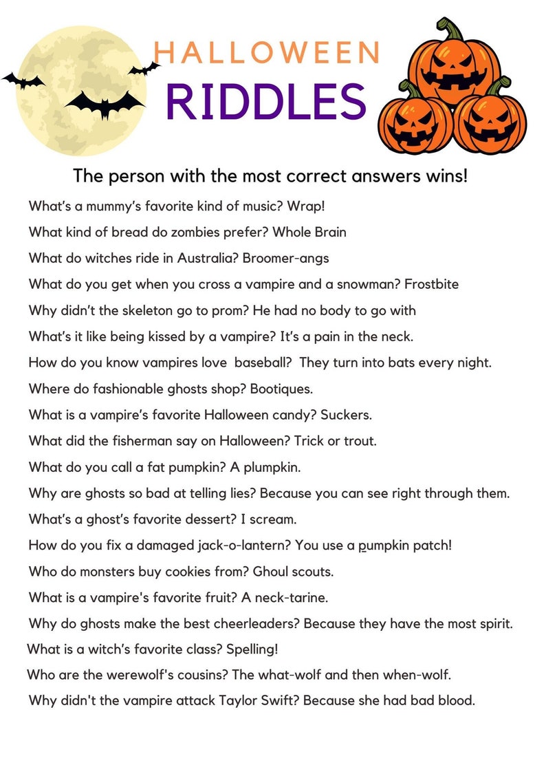 Halloween Game for Kids Printable Party Game Riddle Digital Download ...