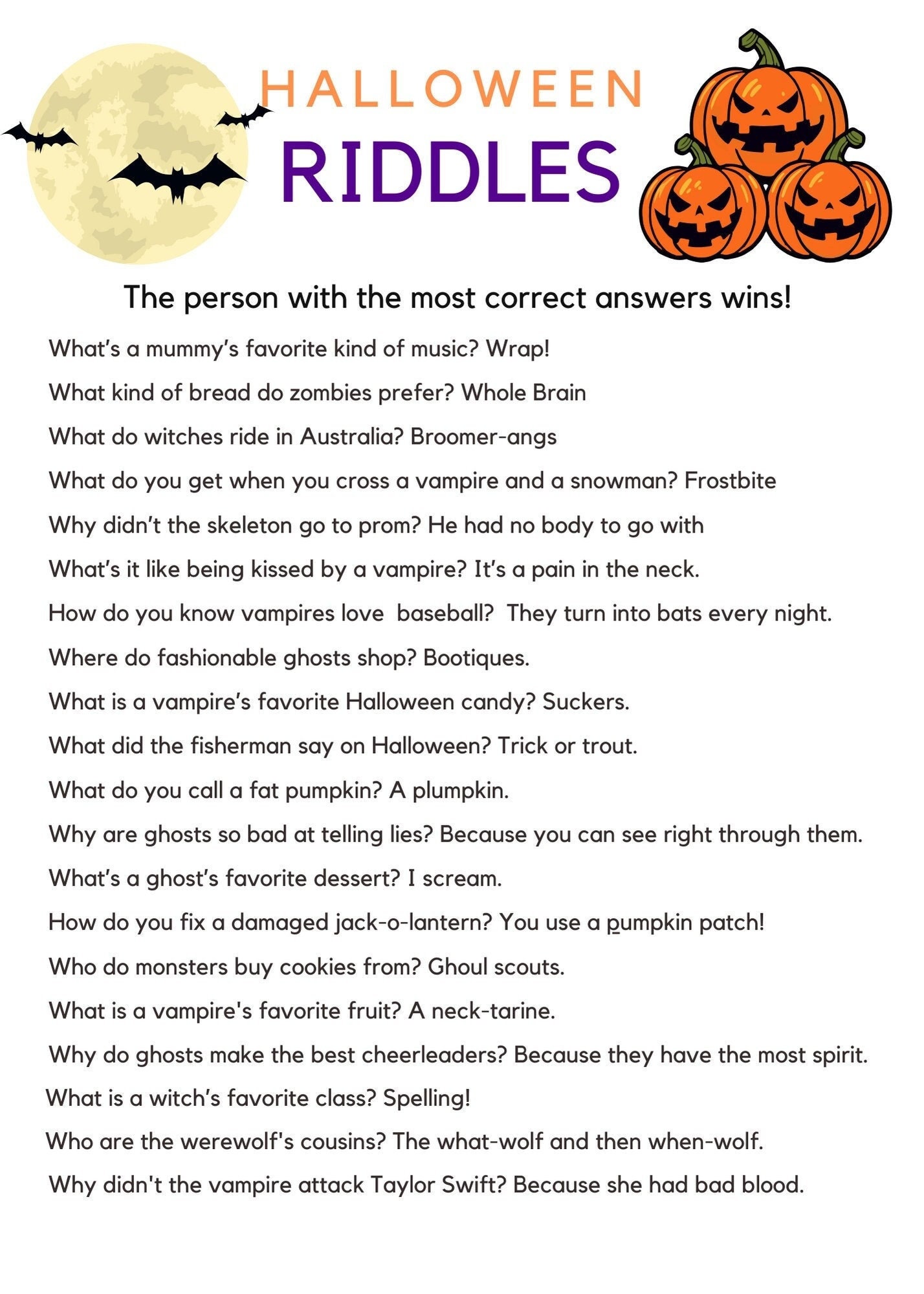 Halloween Game for Kids Printable Party Game Riddle Digital Download ...