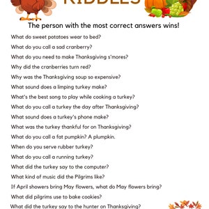 Thanksgiving Game for Kids Printable Party Game Riddle Digital Download ...