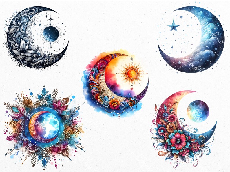 Watercolor Moon Clip Art: Henna Floral Moons (digital Download) - Etsy