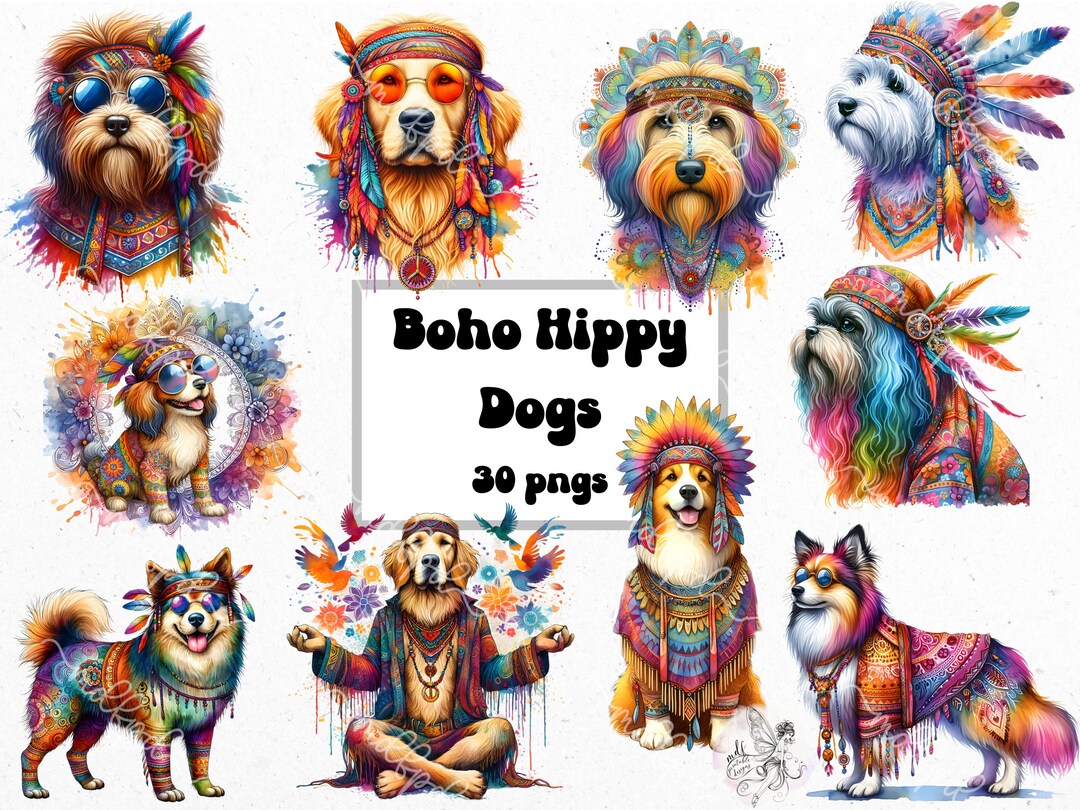 Boho Hippie Dogs Clip Art: Colorful PNG Images (digital Download) - Etsy