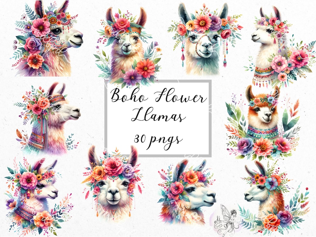 Boho Flower Llamas: Boho Llamas and Flowers Clip Art, Boho Llamas and ...