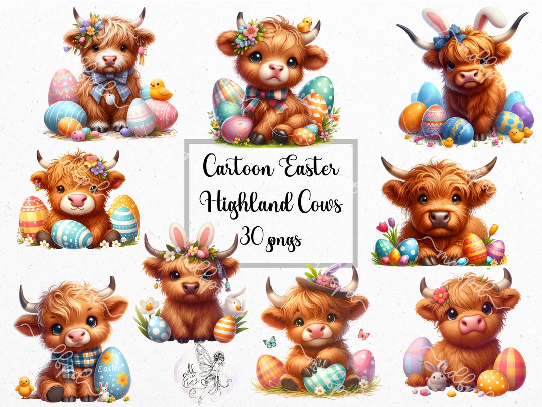 Cartoon Easter Highland Cows: Cartoon Easter Highland Cows Clip Art ...