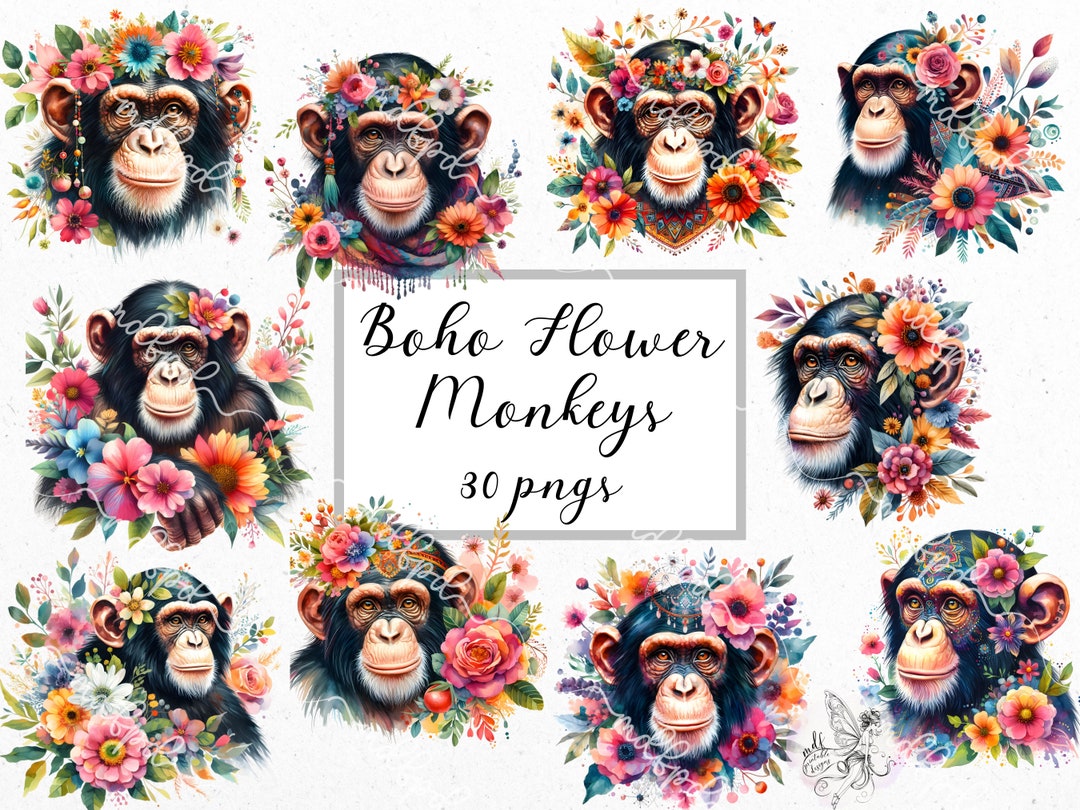 Boho Flower Monkey Clip Art: Bohemian PNG Graphics (digital Download ...