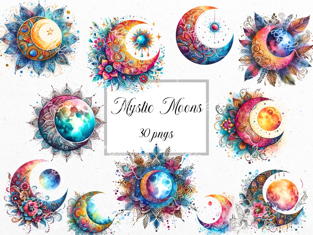 Mystic Moons: Moon Clip Art, Moon Pngs, Watercolor Henna Style Moons Clip Art, Watercolor and ...