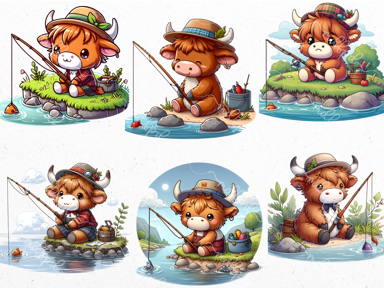 Highland Cow Fishing PNG Clipart: 28 Transparent Illustrations (digital ...