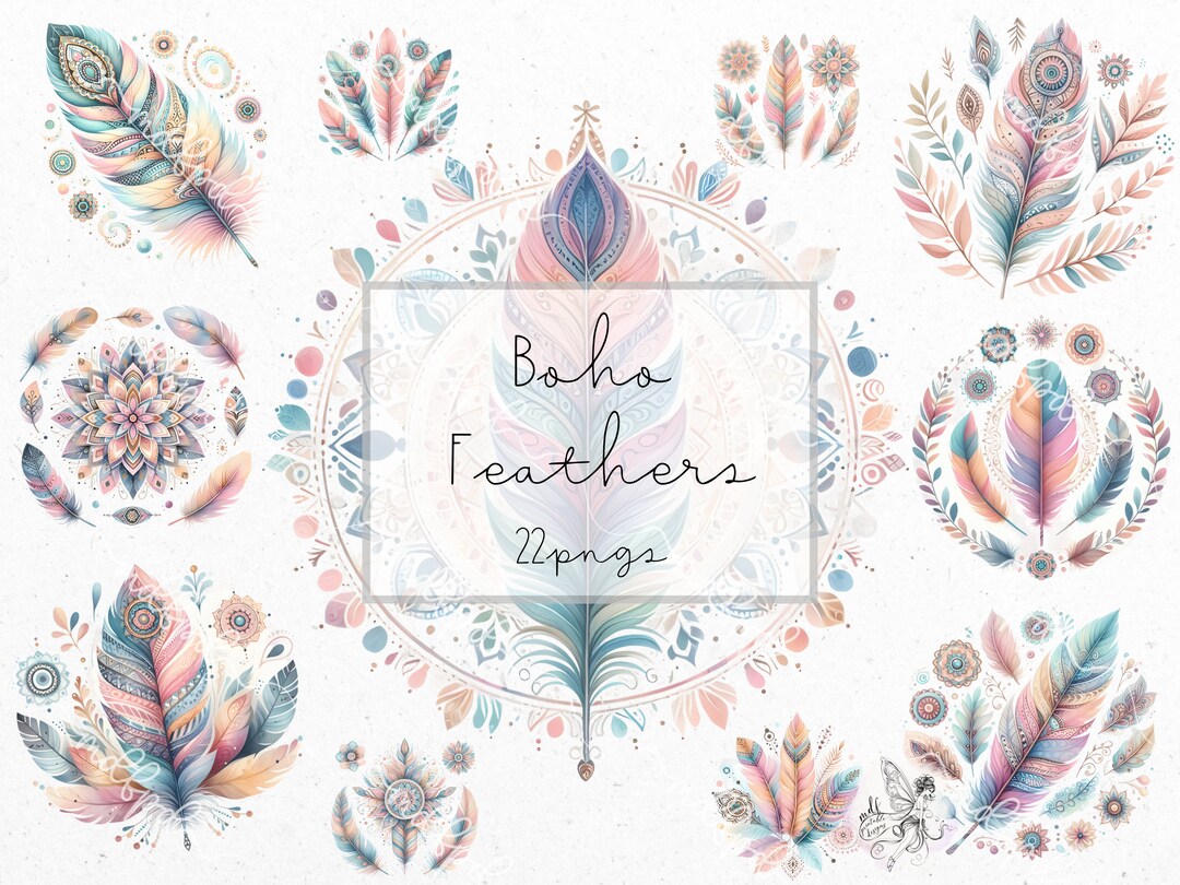 Watercolor Boho Feather Clipart: Pastel Bohemian PNG (digital Download ...