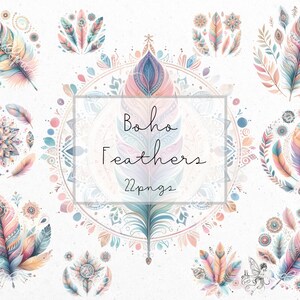 Watercolor Boho Feather Clipart: Pastel Bohemian PNG (digital Download ...