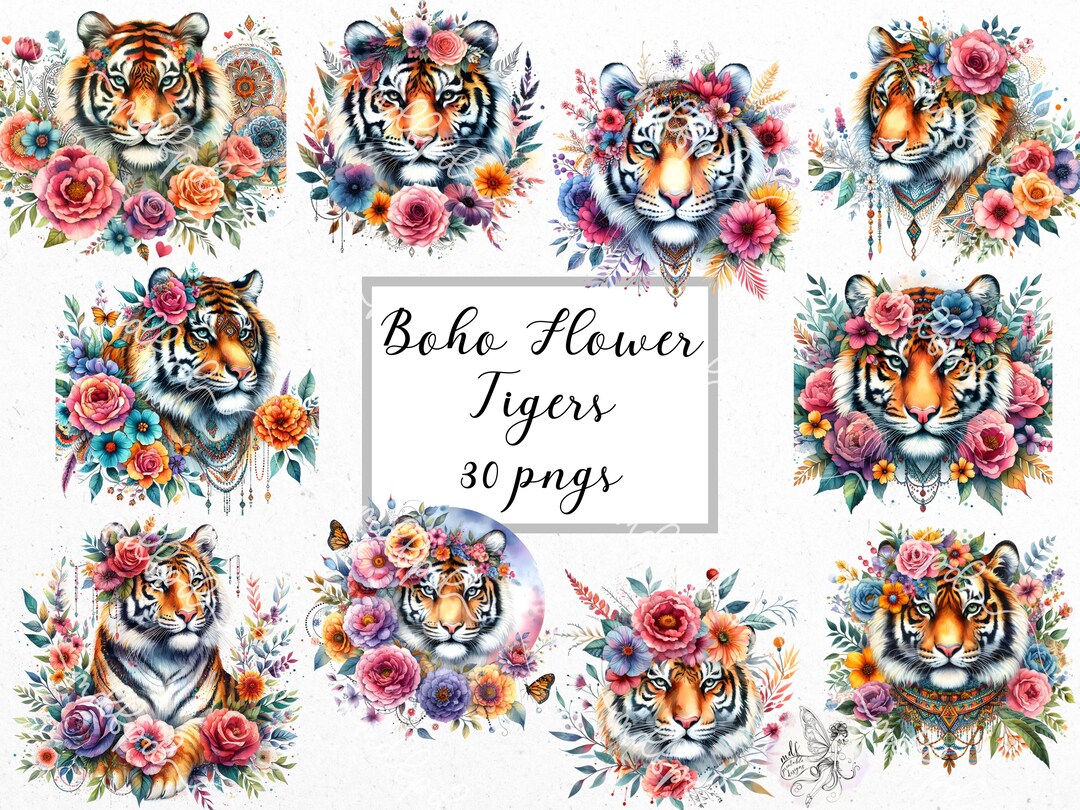Boho Flower Tigers: Boho Style Tigers With Flowers Clip Art, Boho Style ...