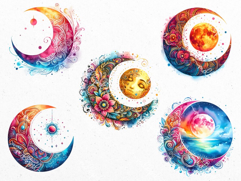 Watercolor Moon Clip Art: Henna Floral Moons (digital Download) - Etsy