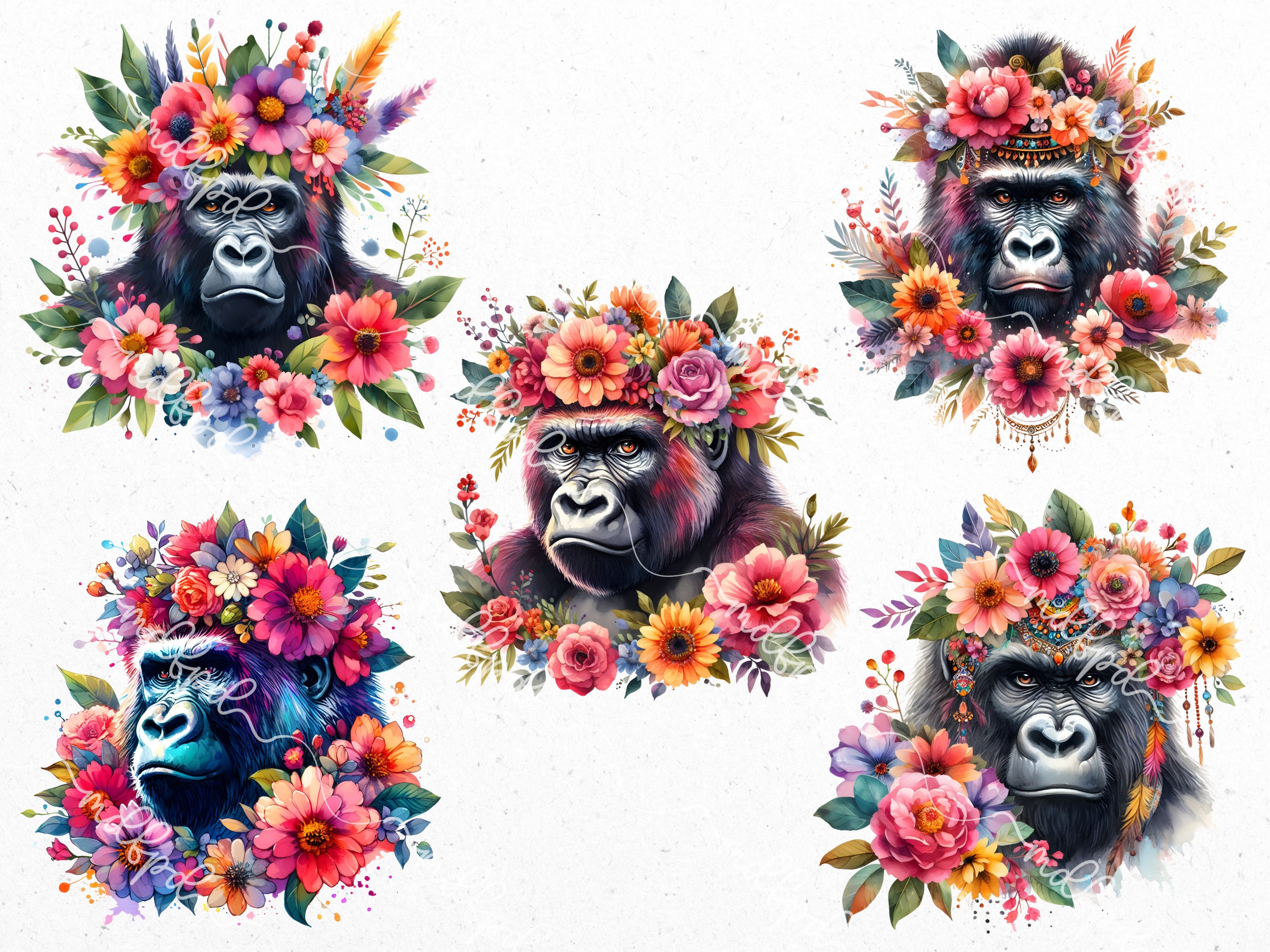 Boho Flower Gorillas: Bohemian Style Gorillas and Flowers Clip Art ...