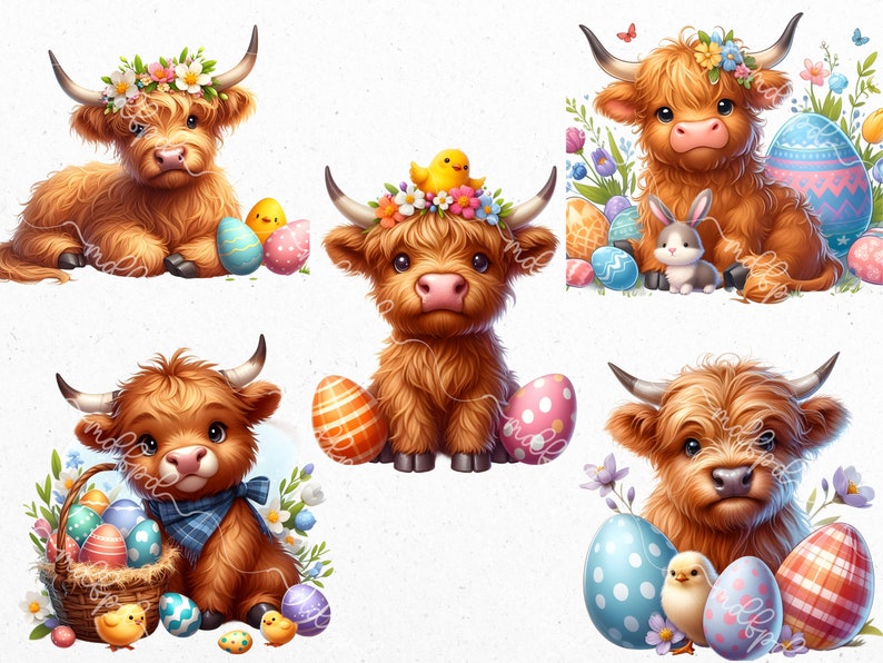 Cartoon Easter Highland Cows: Cartoon Easter Highland Cows Clip Art ...