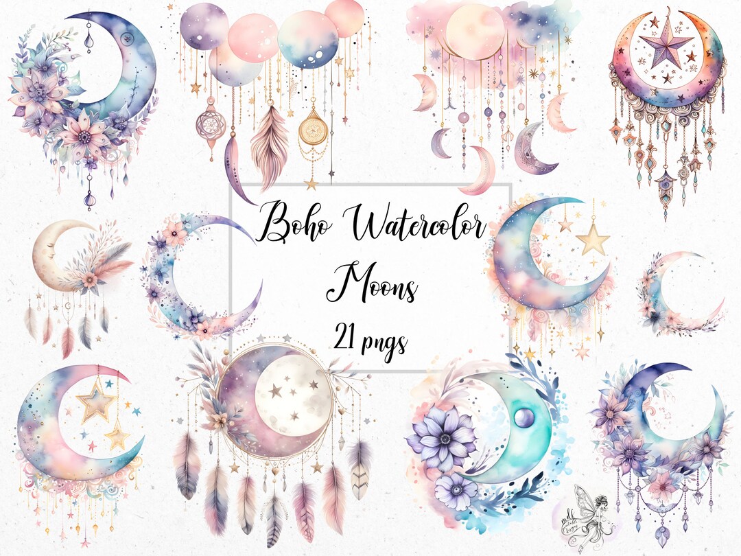 Boho Watercolor Moons: Boho Watercolor Moons Png Clipart Boho Moon Png ...