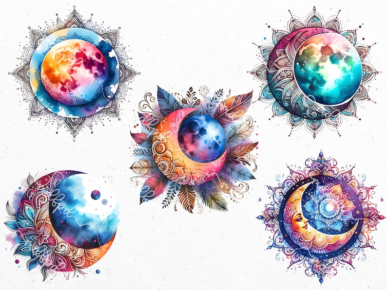 Watercolor Moon Clip Art: Henna Floral Moons (digital Download) - Etsy
