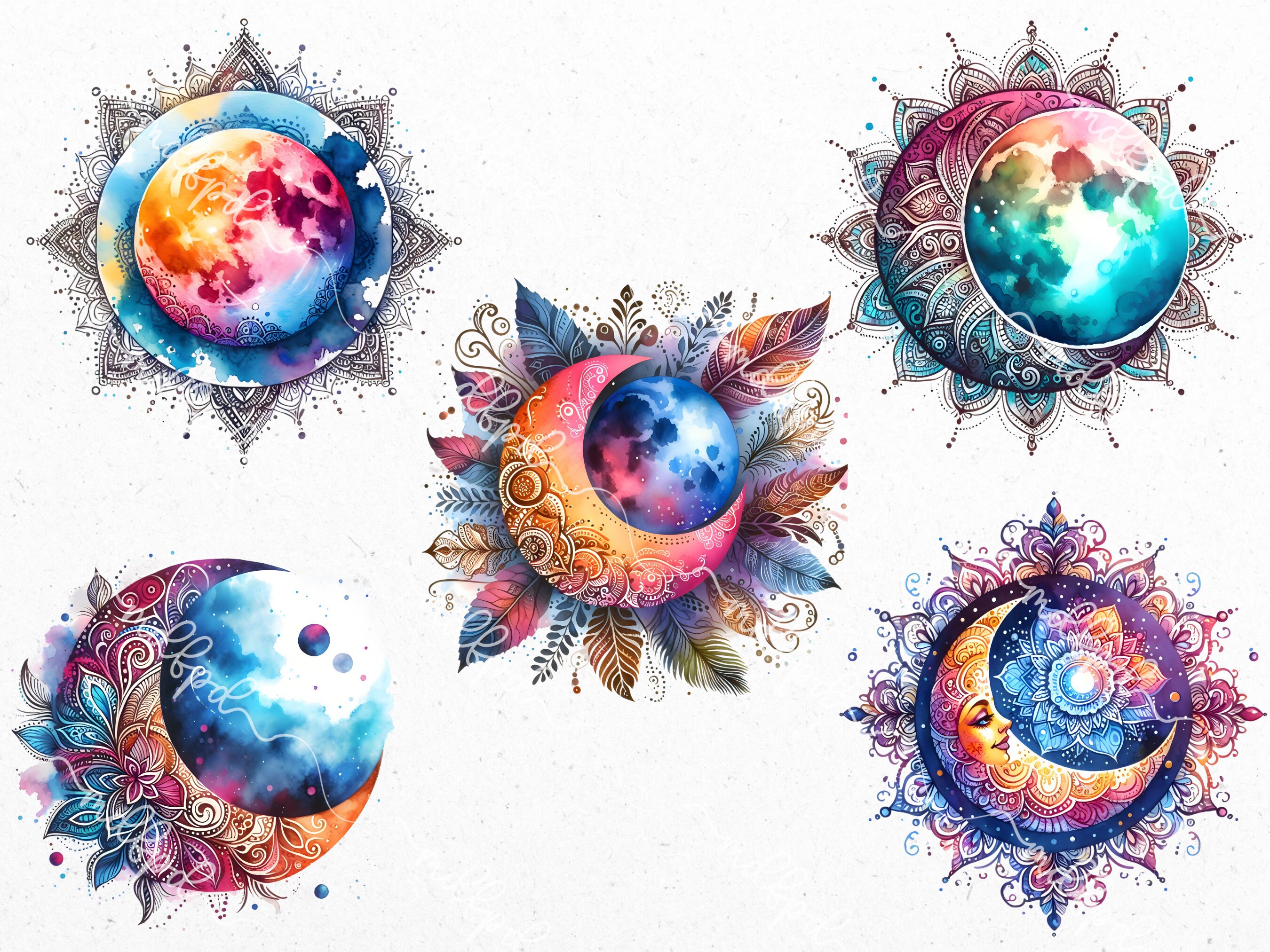 Mystic Moons: Moon Clip Art, Moon Pngs, Watercolor Henna Style Moons ...