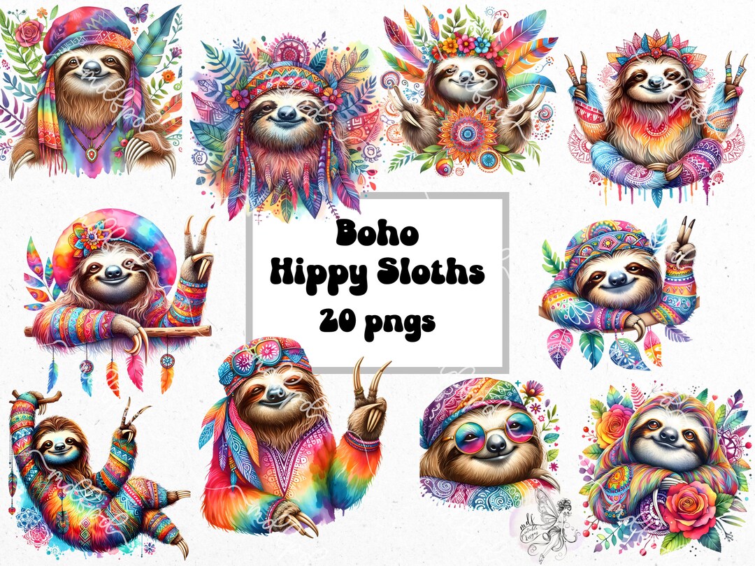 Boho Hippy Sloths: Bohemian Hippy Style Sloth Clip Art, Bohemian Hippy ...