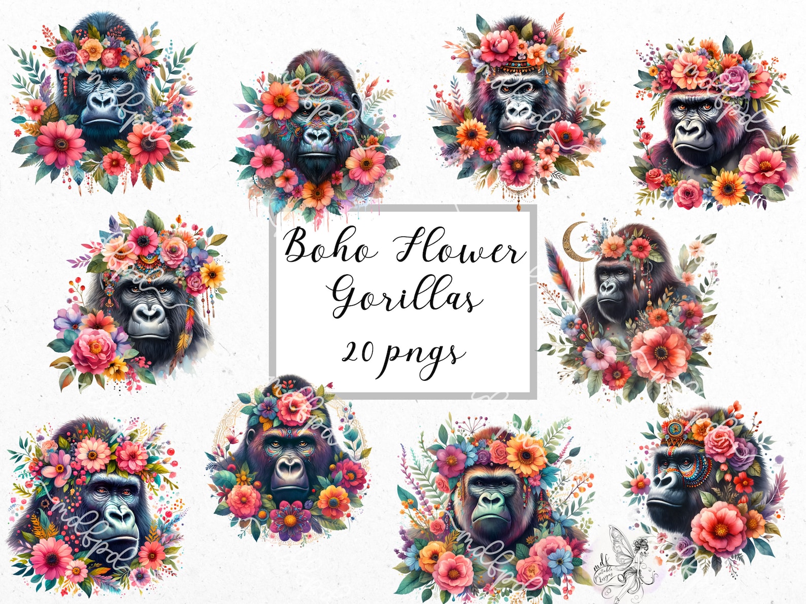 Boho Flower Gorillas: Bohemian Style Gorillas and Flowers Clip Art ...