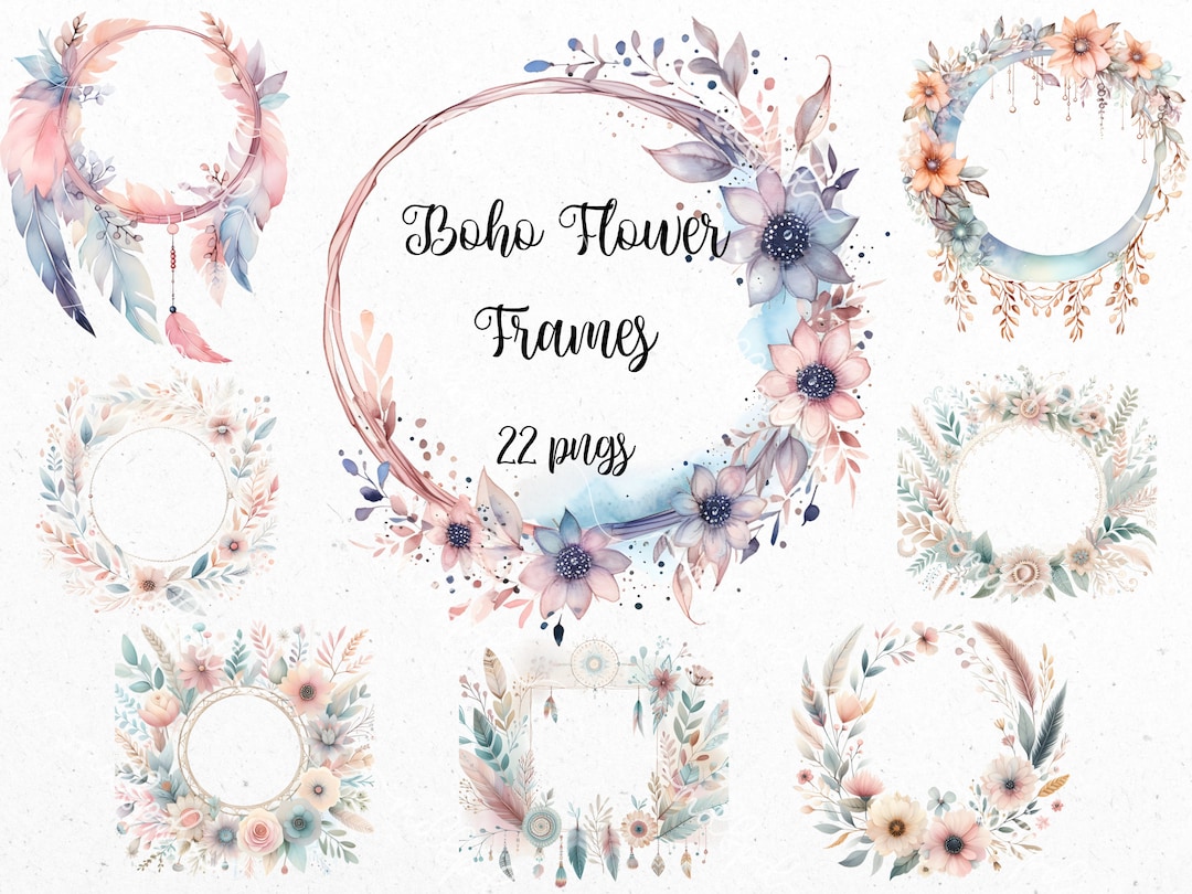 Boho Flower Frames Clipart: Watercolor Floral PNG (digital Download) - Etsy