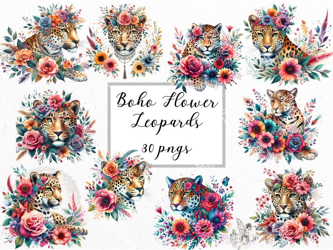 Boho Flower Leopards: Bohemian Style Flowers and Leopards Clip Art ...