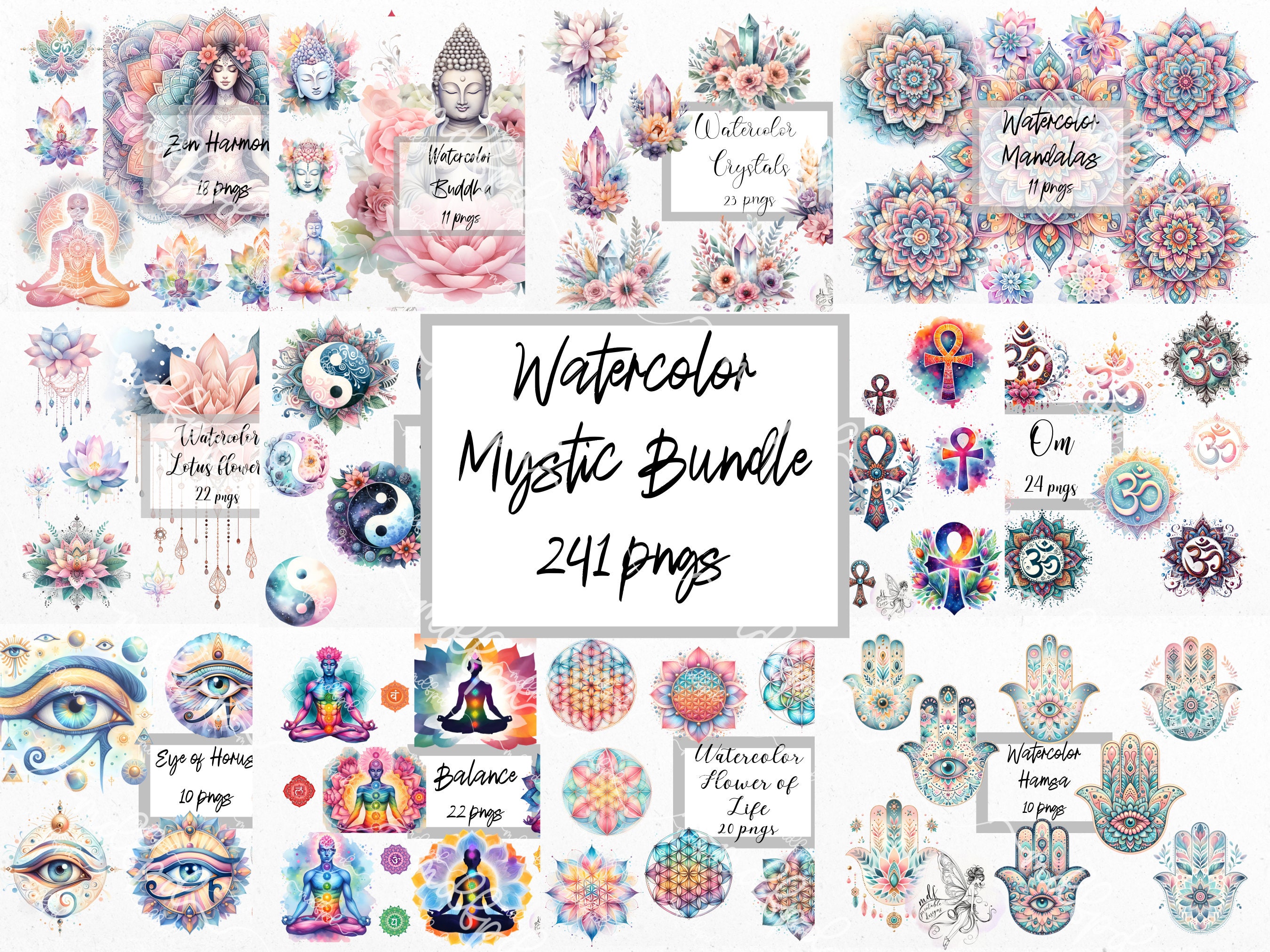 Watercolor Mystic Clip Art Bundle: Lotus, Buddha, Yin Yang (241 Pngs ...