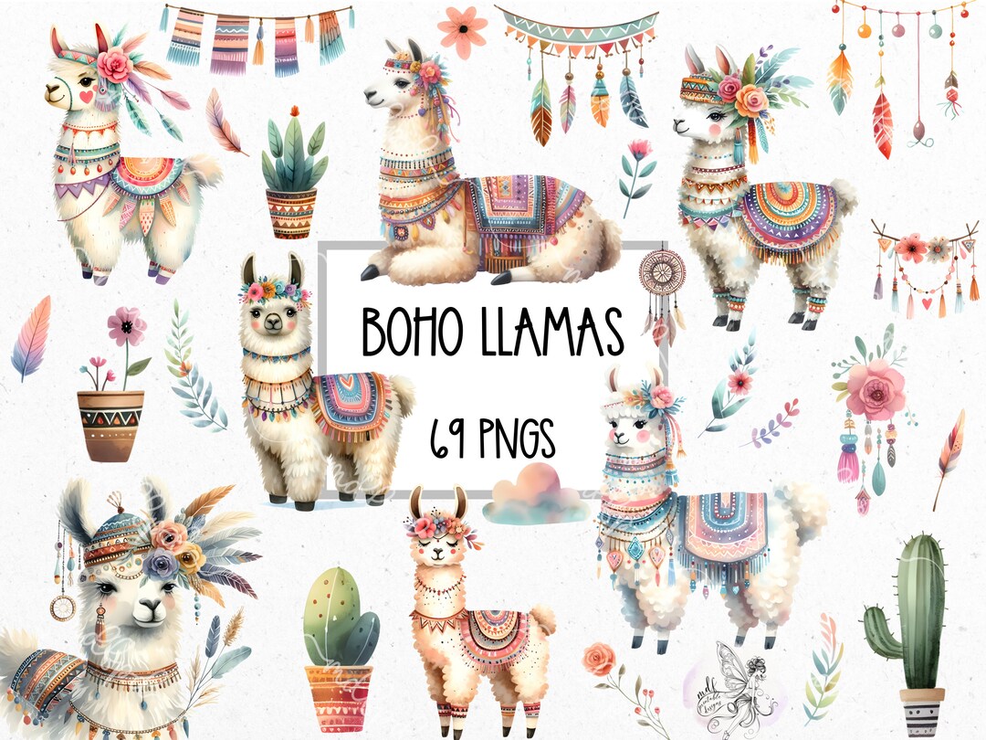 Boho Llamas: Bohemian Style Llama Clip Art, Bohemian Style Llama Pngs ...